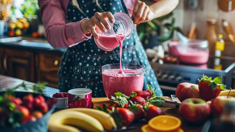 Woman Making Berry Smoothie in the Kitchen. Selective Focus Stock Image ...