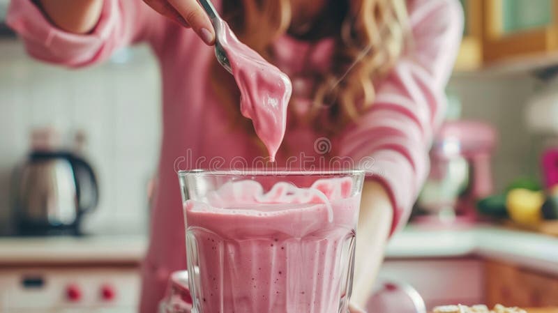 Woman Making Berry Smoothie in the Kitchen. Selective Focus Stock Image ...