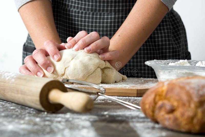 Woman Making Bread with Her Hand on Rustic Wood Stock Photo - Image of ...