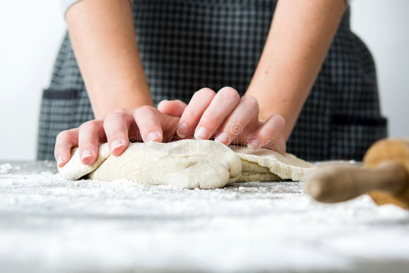 Woman Making Bread with Her Hand on Rustic Wood Stock Image - Image of ...