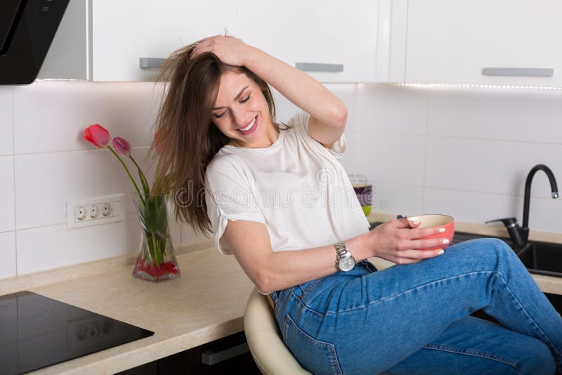Woman making breakfast stock image. Image of clean, cereal - 91029731