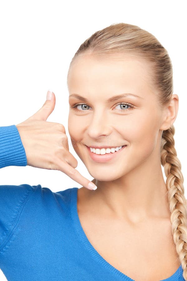 Woman Making a Call Me Gesture Stock Photo - Image of joyful, fingers ...