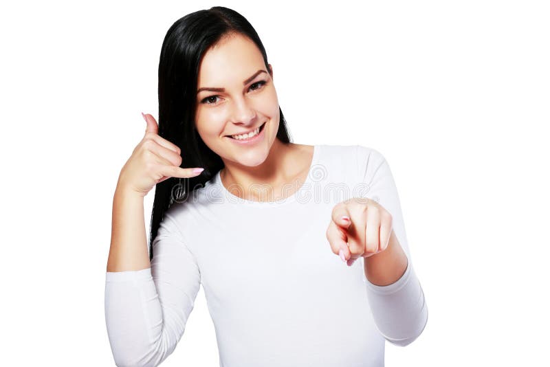 Smiley Woman Making Call Me Gesture Stock Photos - Free & Royalty-Free ...