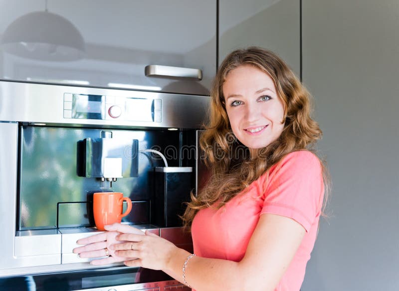 Woman Making Coffee Cup Machine Kitchen Interior Stock Image - Image of ...