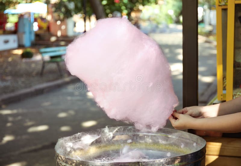 Woman Making Cotton Candy Using Modern Machine Outdoors Stock Image ...