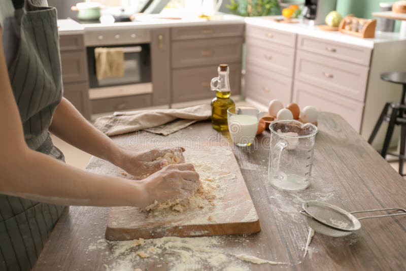 Woman Making Dough for Bakery on Table in Kitchen Stock Image - Image ...