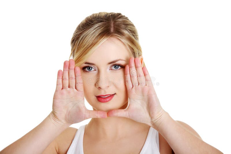 Woman Making Frame on Her Face with Her Hands Stock Photo - Image of ...