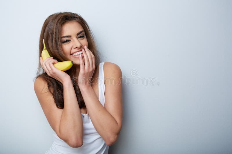 Woman Making Fun With A Banana Stock Image Image Of Eyes Female