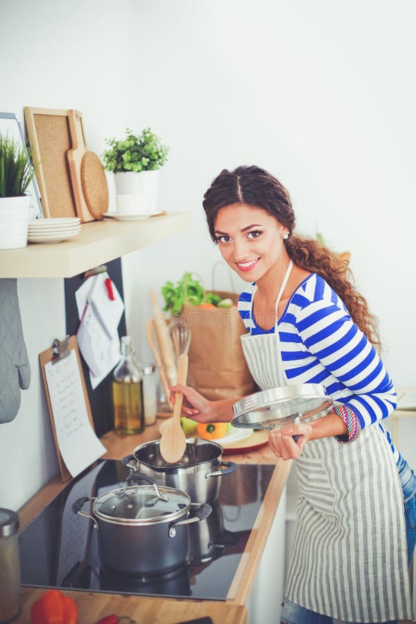 Woman Making Healthy Food Standing Smiling in Kitchen Stock Image ...