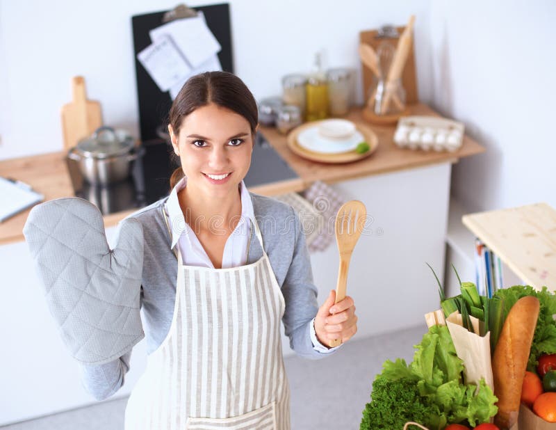 Woman Making Healthy Food Standing Smiling in Stock Image - Image of ...
