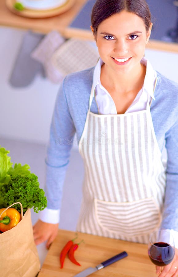 Woman Making Healthy Food Standing Smiling in Kitchen Stock Photo ...