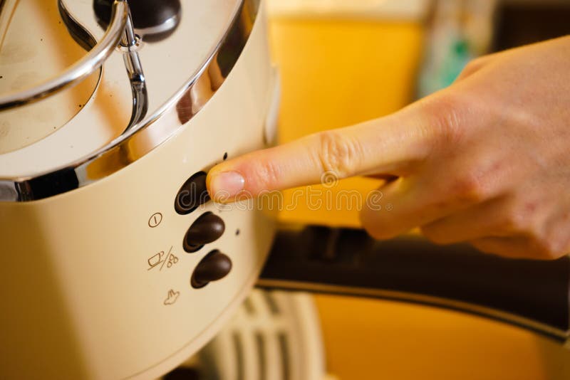 Woman Making Hot Drink in Coffee Machine Stock Photo - Image of kitchen ...