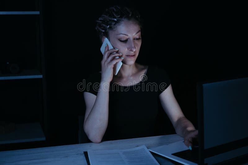 Woman Making Important Call Late in the Night Stock Image - Image of ...