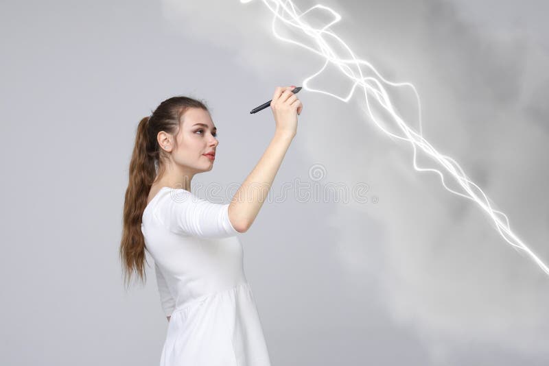 Woman Making Magic Effect - Flash Lightning. the Concept of Electricity ...