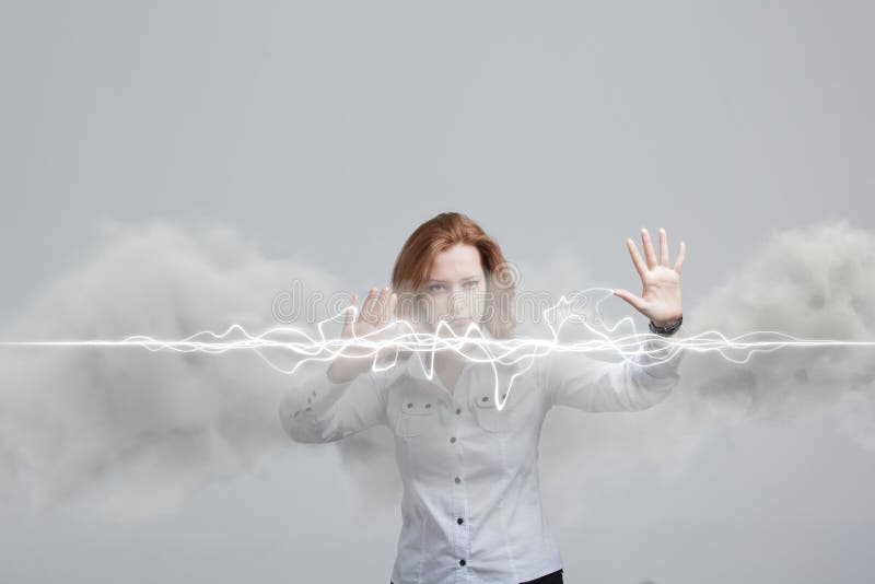 Woman Making Magic Effect - Flash Lightning. the Concept of Electricity ...
