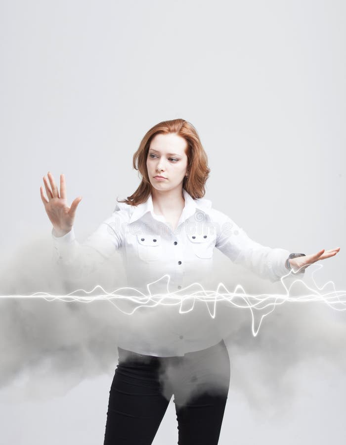 Woman Making Magic Effect - Flash Lightning. the Concept of Electricity ...