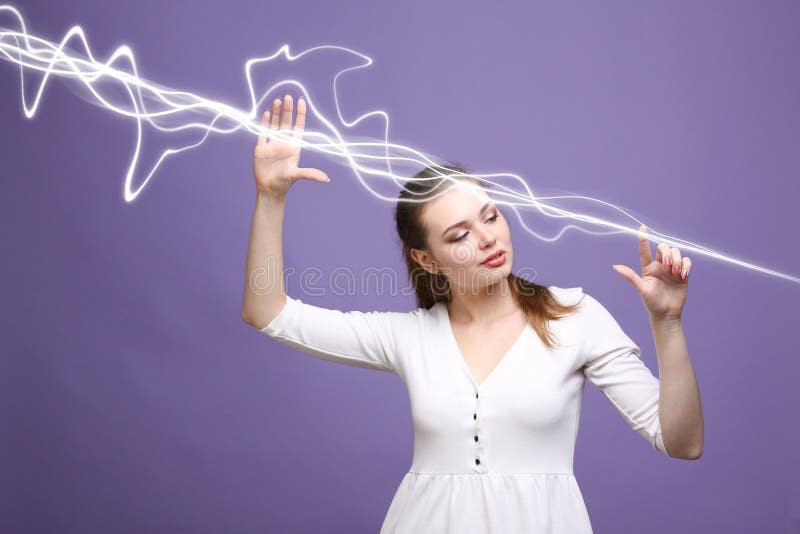 Woman Making Magic Effect - Flash Lightning. the Concept of Electricity ...