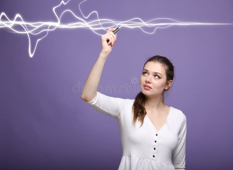 Woman Making Magic Effect - Flash Lightning. the Concept of Electricity ...
