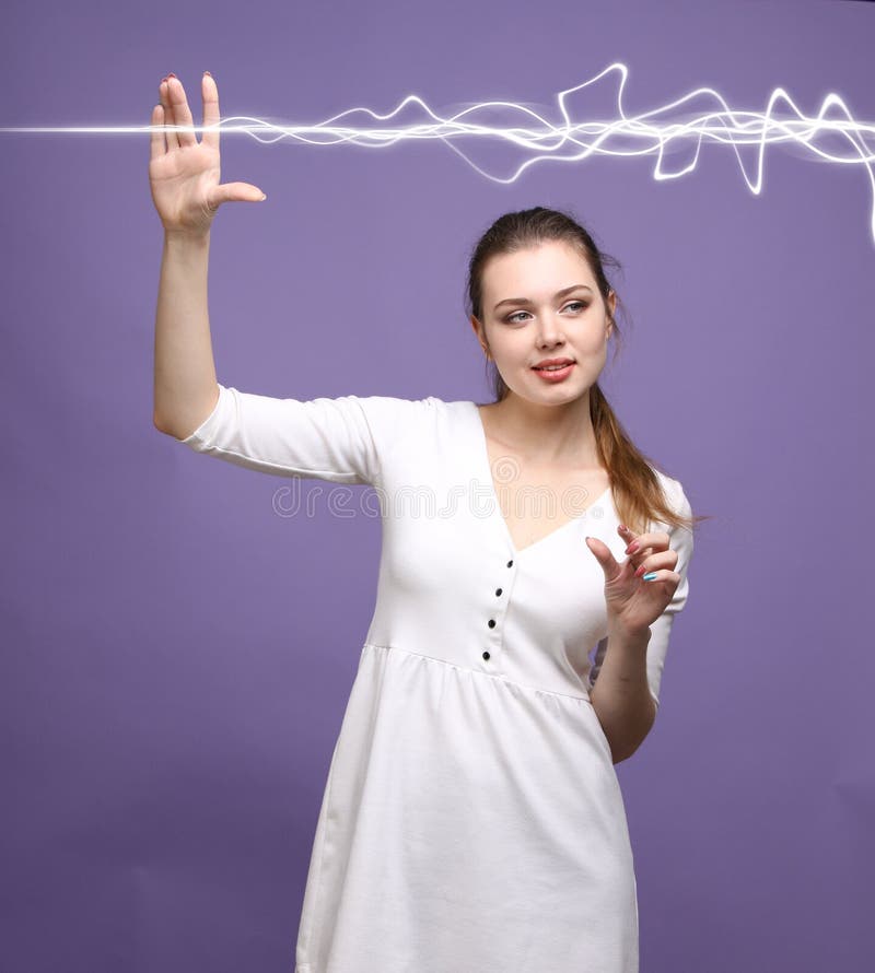 Woman Making Magic Effect - Flash Lightning. the Concept of Electricity ...