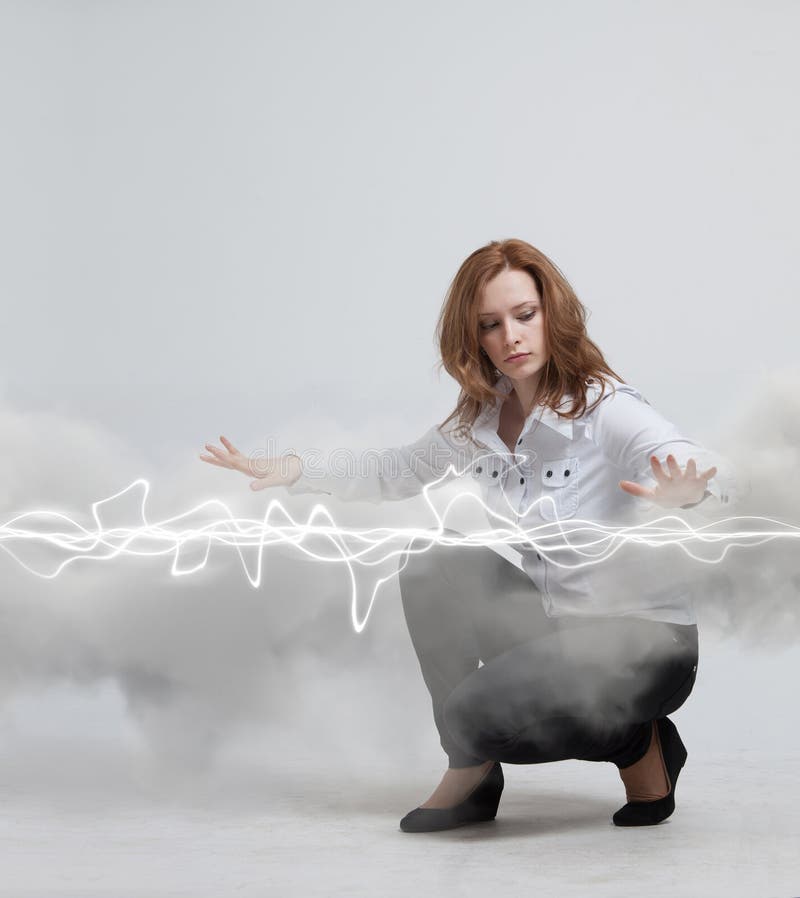 Woman Making Magic Effect - Flash Lightning. the Concept of Electricity ...