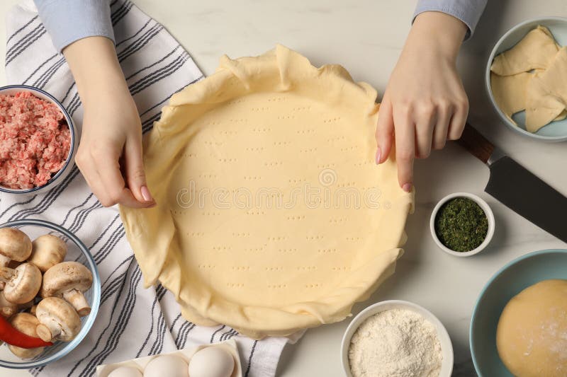 Woman Making Meat Pie at White Marble Table, Top View Stock Image ...