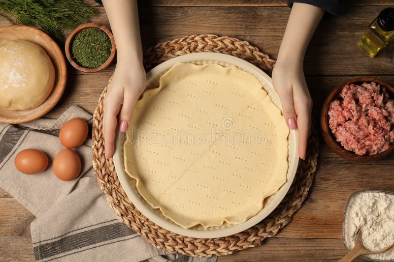 Woman Making Meat Pie at Wooden Table, Top View Stock Photo - Image of ...