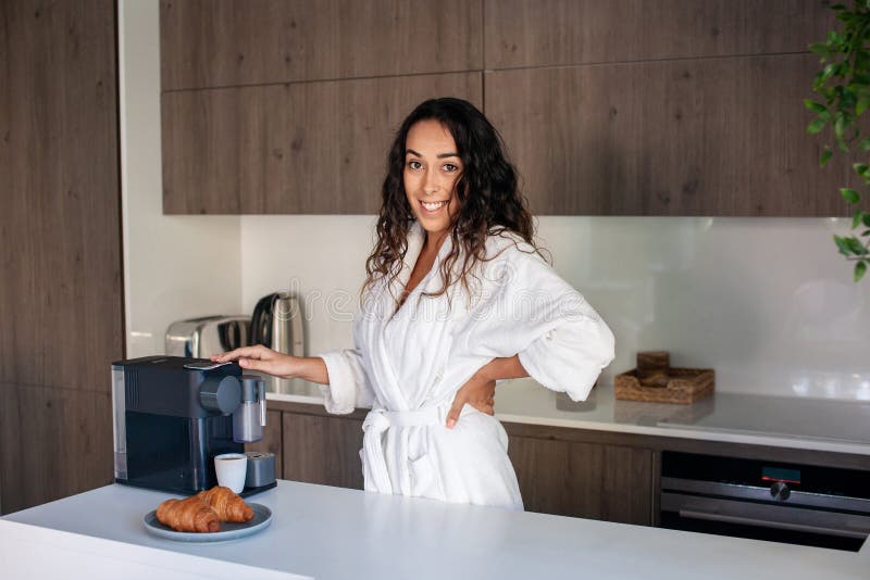 Woman Making Morning Coffee at Home Stock Image - Image of breakfast ...