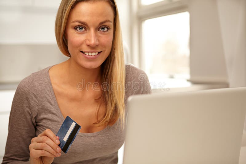 Woman Making an Online Purchase Stock Image - Image of happy, card ...