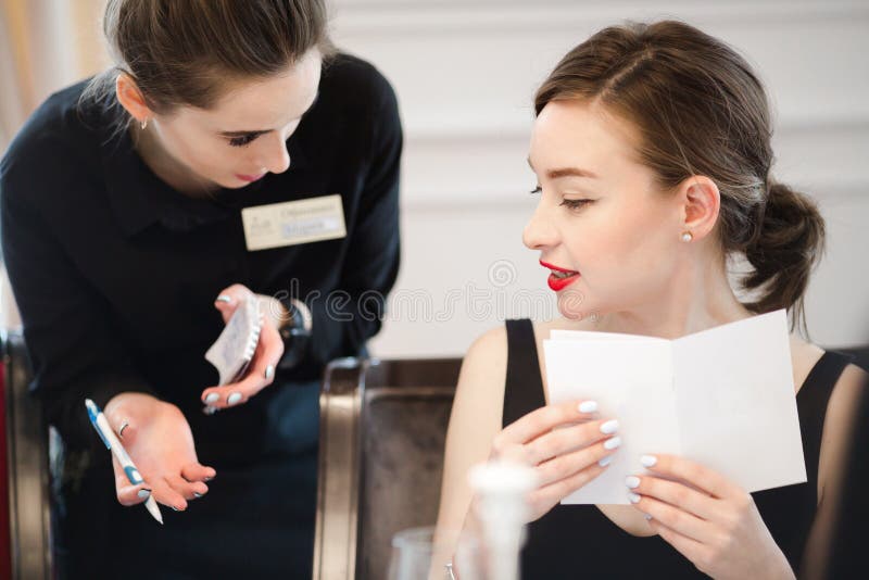 Waitress, Menu Board, and Wine Stock Photo - Image of taste ...