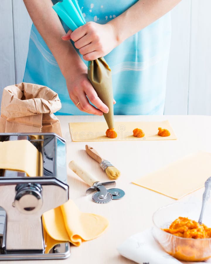 Woman Making Ravioli Pumpkin Blue Cheese Stock Image - Image of italian ...