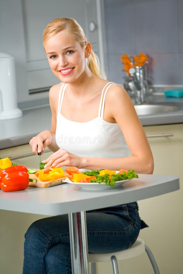 Woman Making Salad at Kitchen Stock Photo - Image of alone, lifestyle ...