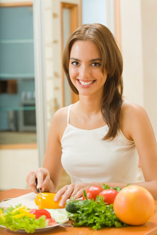 Woman Making Salad at Kitchen Stock Photo - Image of healthy, beautiful ...