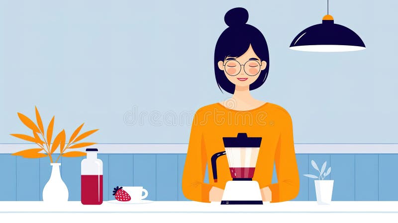 Woman Making Smoothie in Blender with Ingredients on Counter Stock ...