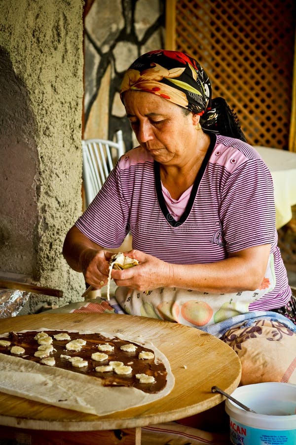 Senior Woman Making Pastry for Traditional Food Gozleme Inside Rustic ...