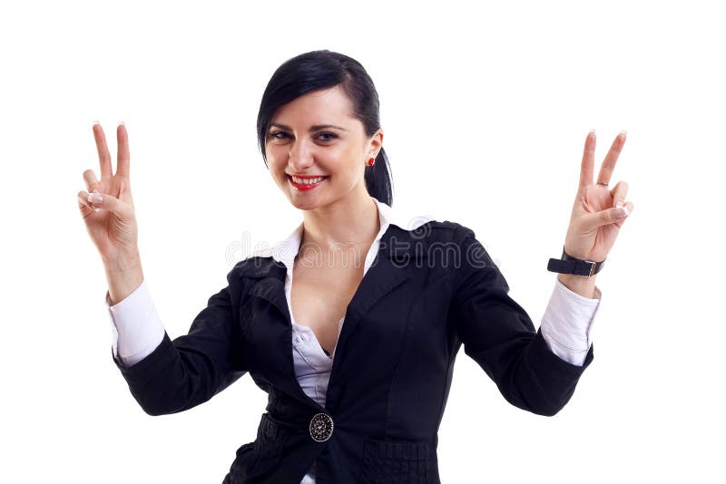 Woman Making the Victory Sign Stock Image - Image of brunette, joyful ...