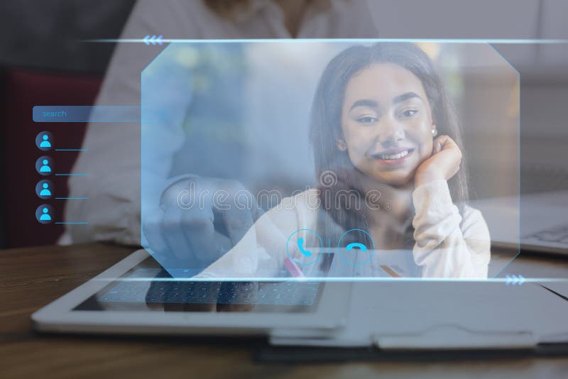 Woman Making Video Call Using Digital Tablet, Collage, Double Exposure ...