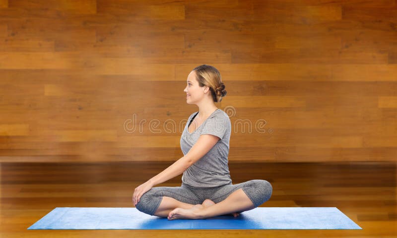 Woman Making Yoga In Twist Pose On Mat Stock Image Image Of Position
