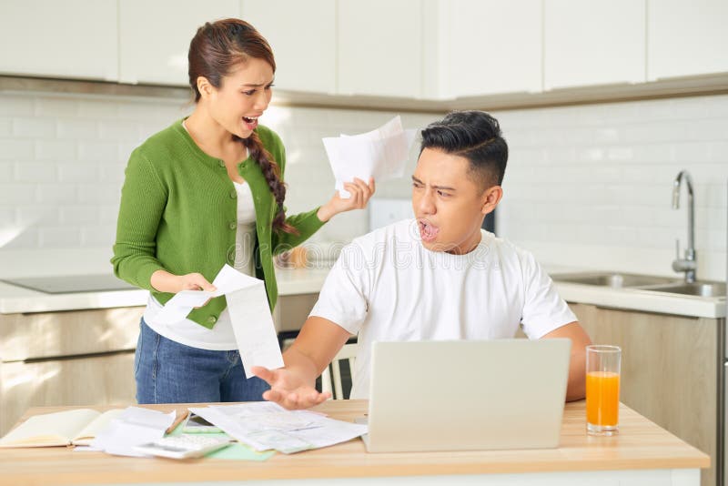 Woman and Man Arguing about Money at Home. Problems in Relationship ...