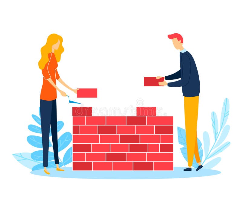 Woman and Man Building Brick Wall Together, Teamwork and Cooperation ...