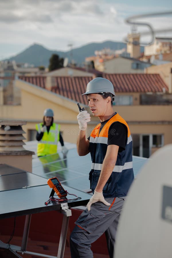Woman and Man Engineer Technicians Doing Maintenance Service Solar ...