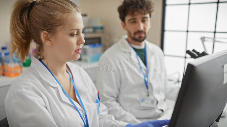 A Woman and Man in Lab Coats Examine a Computer Screen in a Bright ...