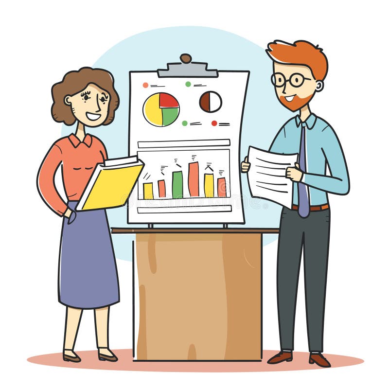 Woman Man Presenting Business Report Using Flip Chart. Both ...