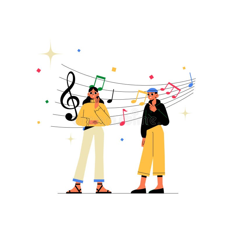 Musical Notes with a Woman and a Man Singing in Flat Vector ...