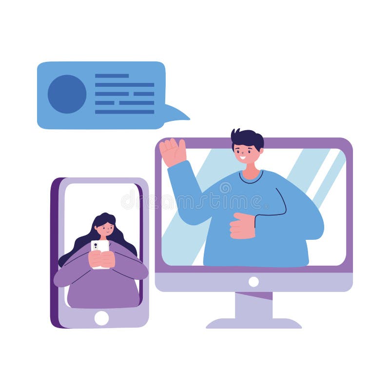 Woman and Man with Smartphone and Computer Chatting Vector Design Stock ...