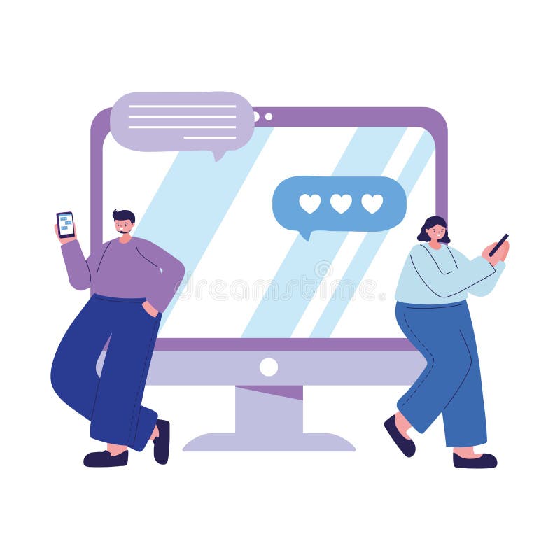 Woman and Man with Smartphone and Computer Chatting Vector Design Stock ...