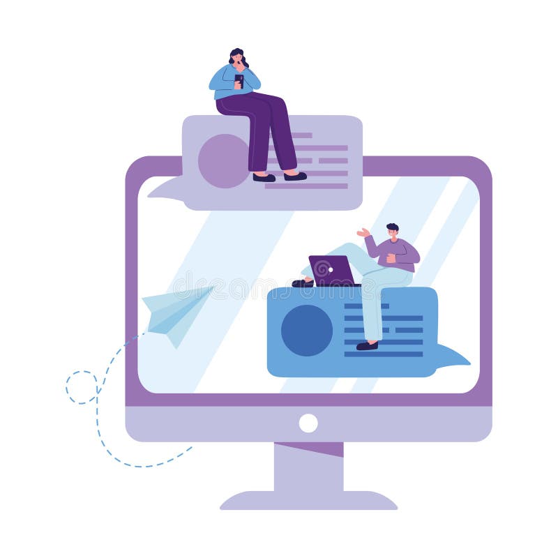 Woman and Man with Smartphone Laptop and Computer Chatting Vector ...