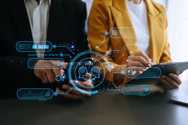 Woman and MAn Using Chat Bot in Smartphone Intelligence Ai. Chat with ...