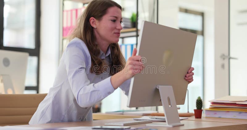 Woman Manager in Panic Cracks Computer at Workplace Stock Footage ...