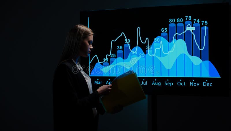 Woman Manager Standing in Boardroom, Looking Analyzing Financial Data ...