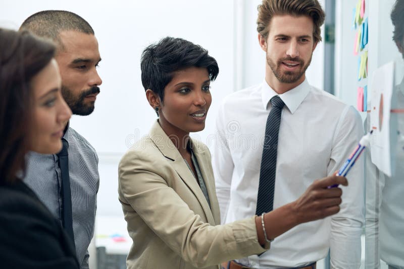 Woman, Manager Talk and Business Group at Whiteboard Talking about a ...